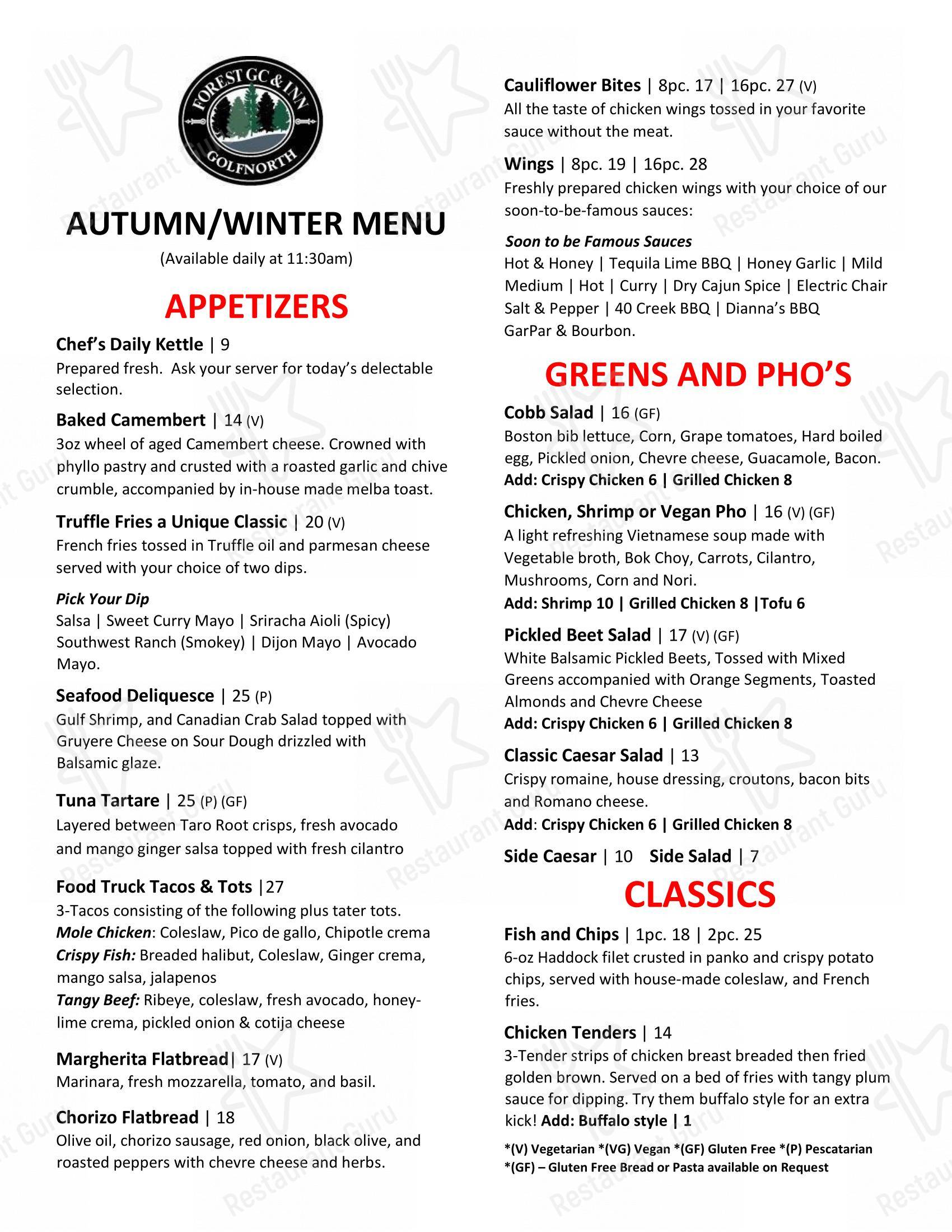 Menu at Forest Golf Club & Inn, Lambton Shores