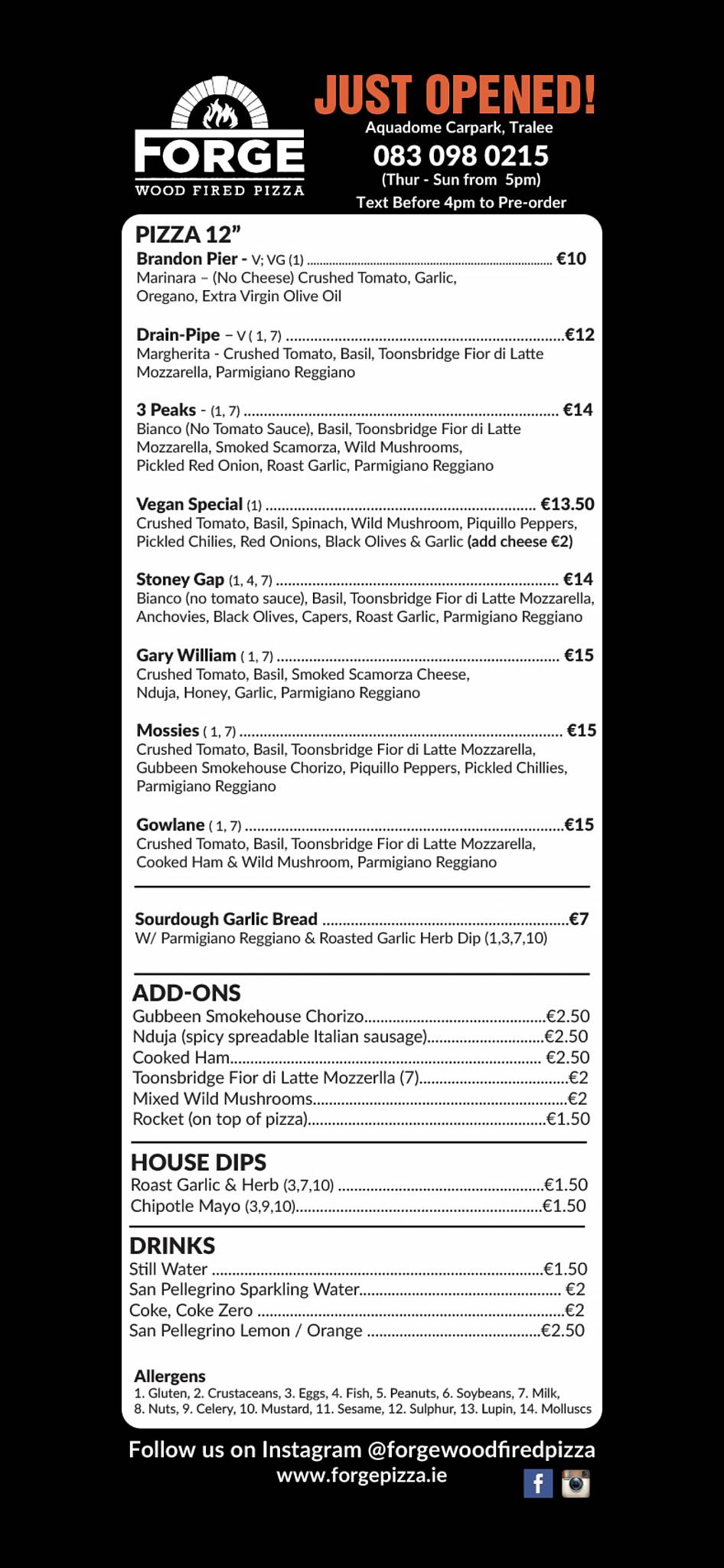 Menu at Forge Wood Fired Pizza pizzeria, Tralee
