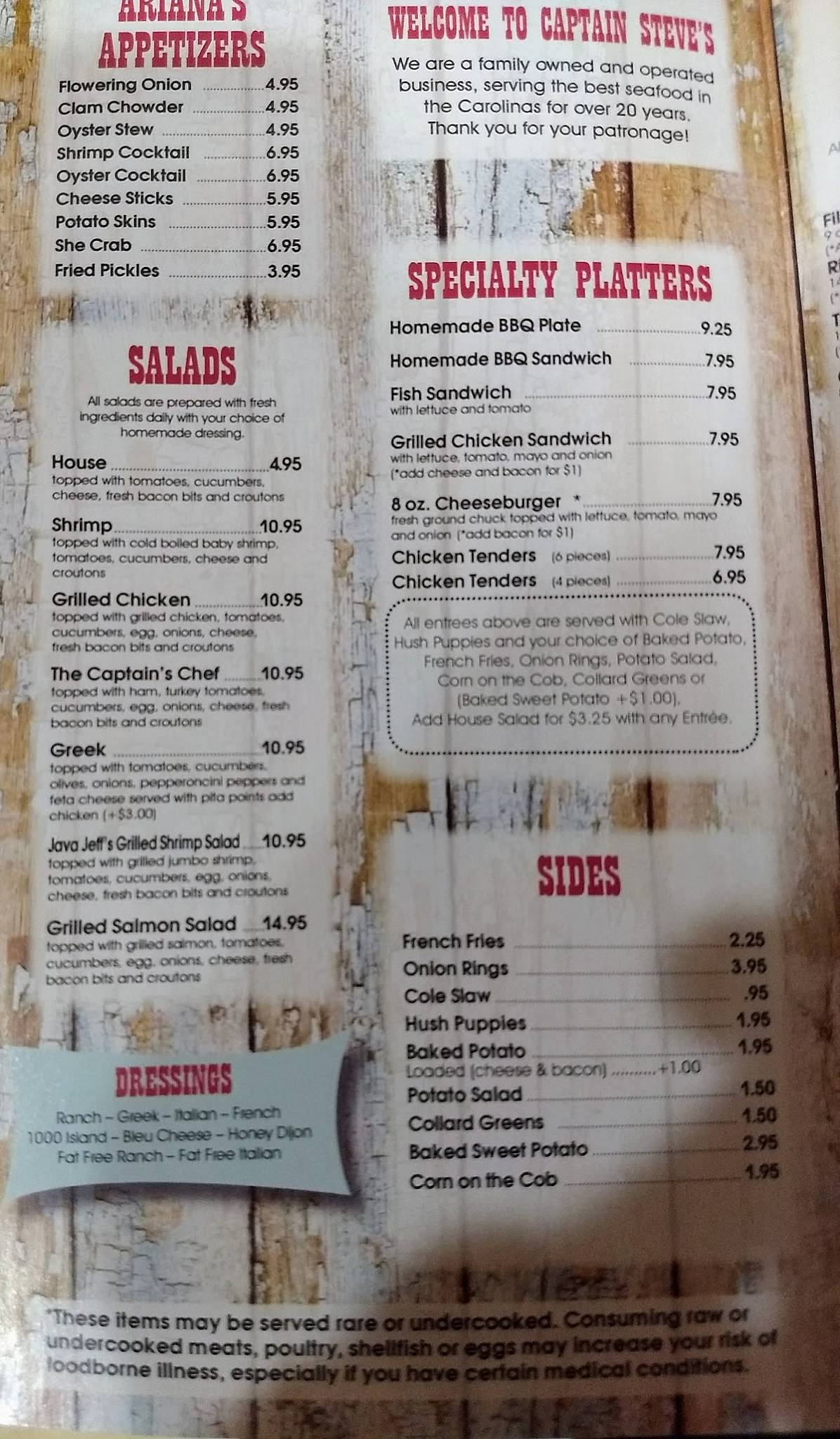 Menu at Captain Steve's Family Seafood Restaurant in Fort Mill, SC ...