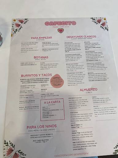 Menu at Cafecito, Fort Worth