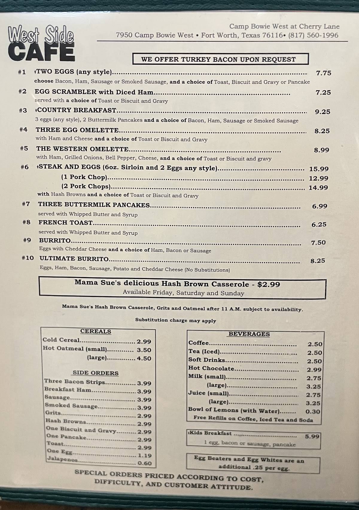 Menu at West Side Cafe, Fort Worth