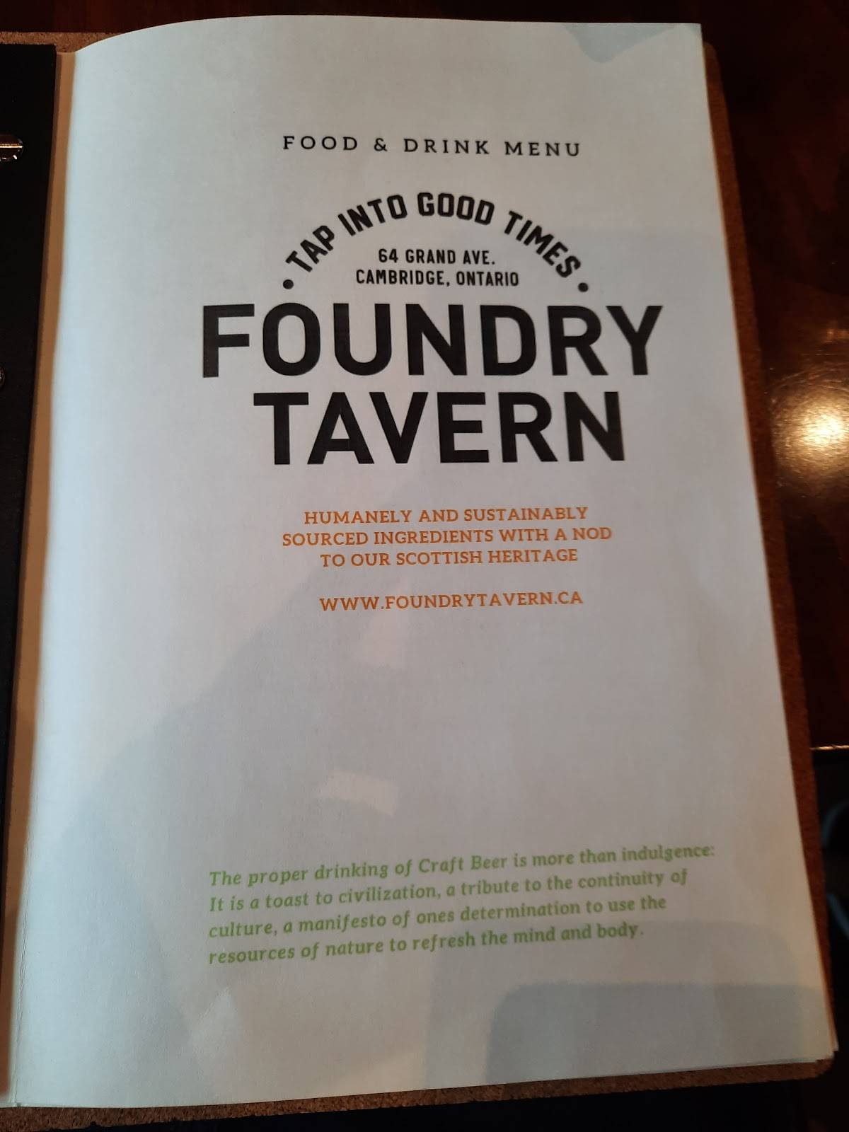 Menu at Foundry Tavern pub & bar, Cambridge
