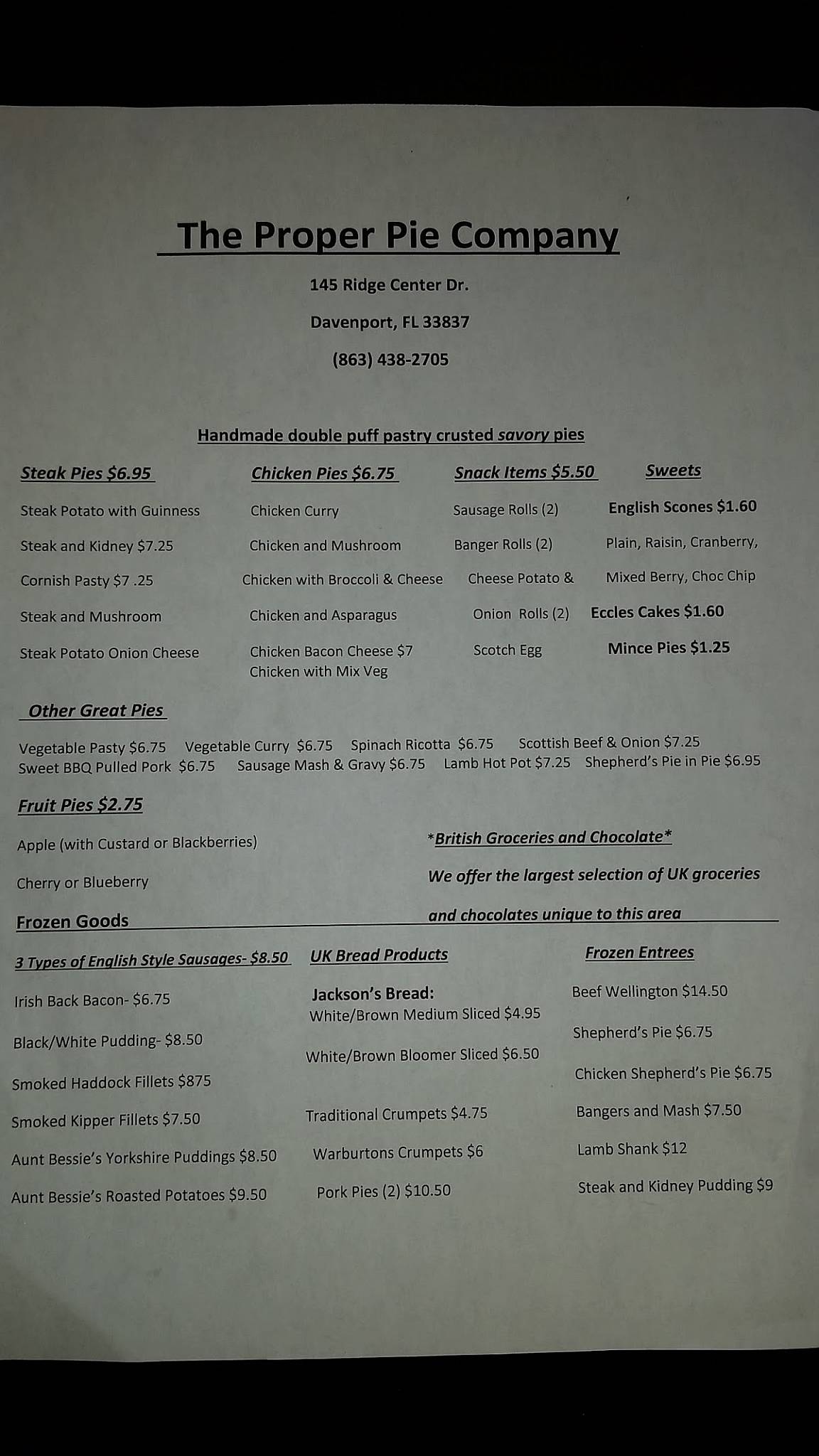 Menu at The Proper Pie Company restaurant, Haines City, 511 Hwy 17 92 W