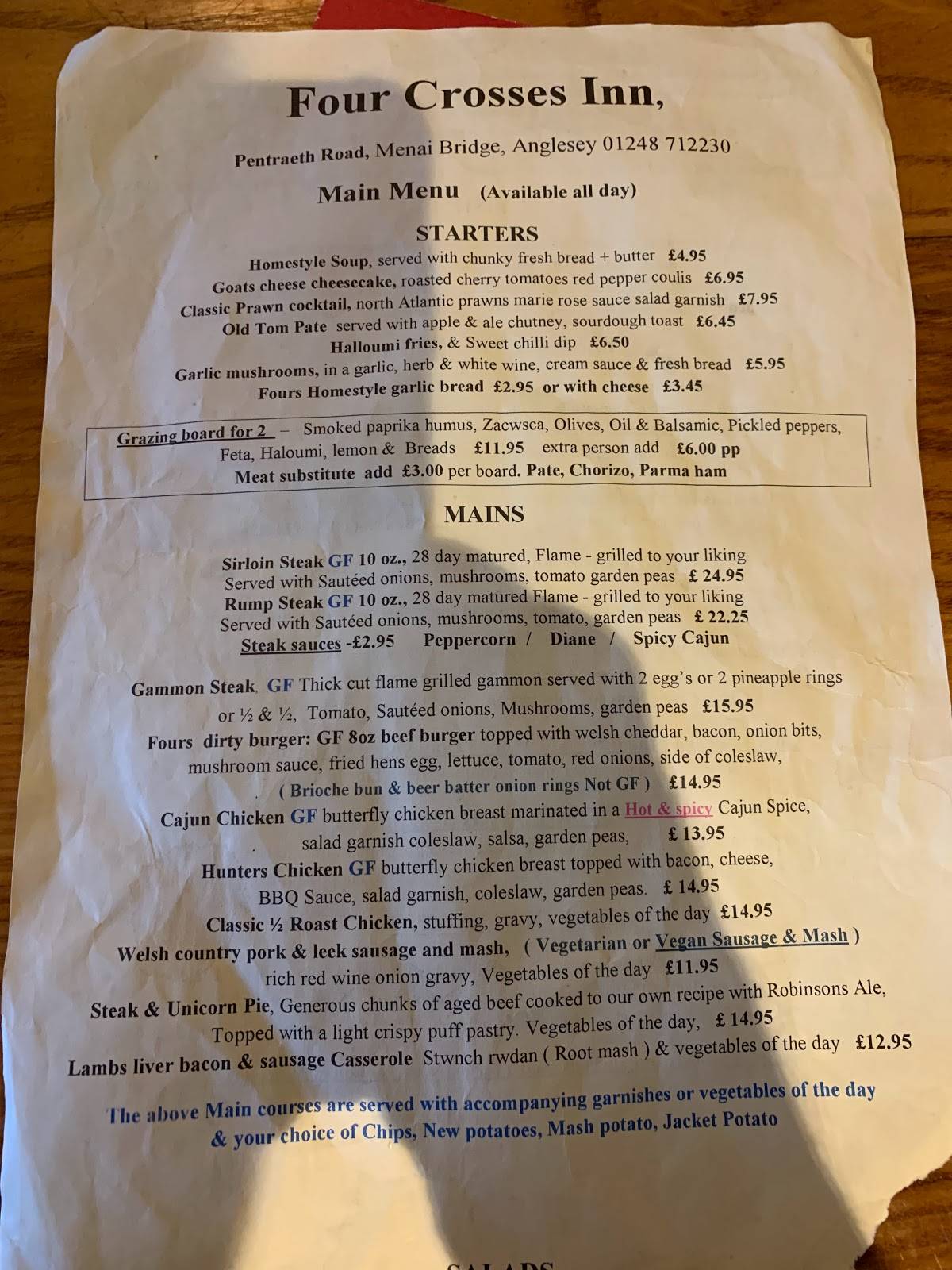 Menu at Four Crosses, Menai Bridge pub & bar, Menai Bridge, Four ...