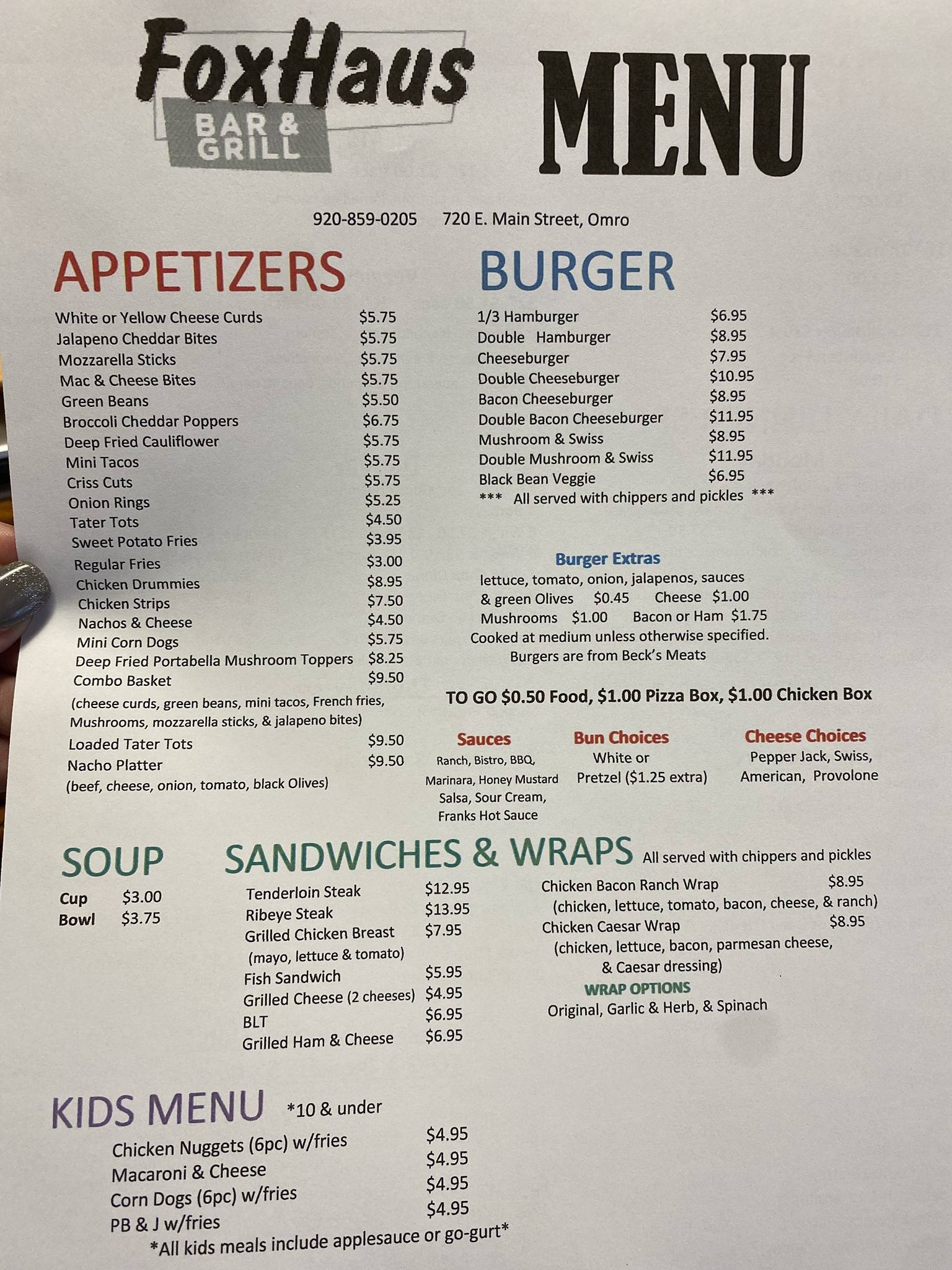 Menu at Fox Haus Bar & Grill, Omro