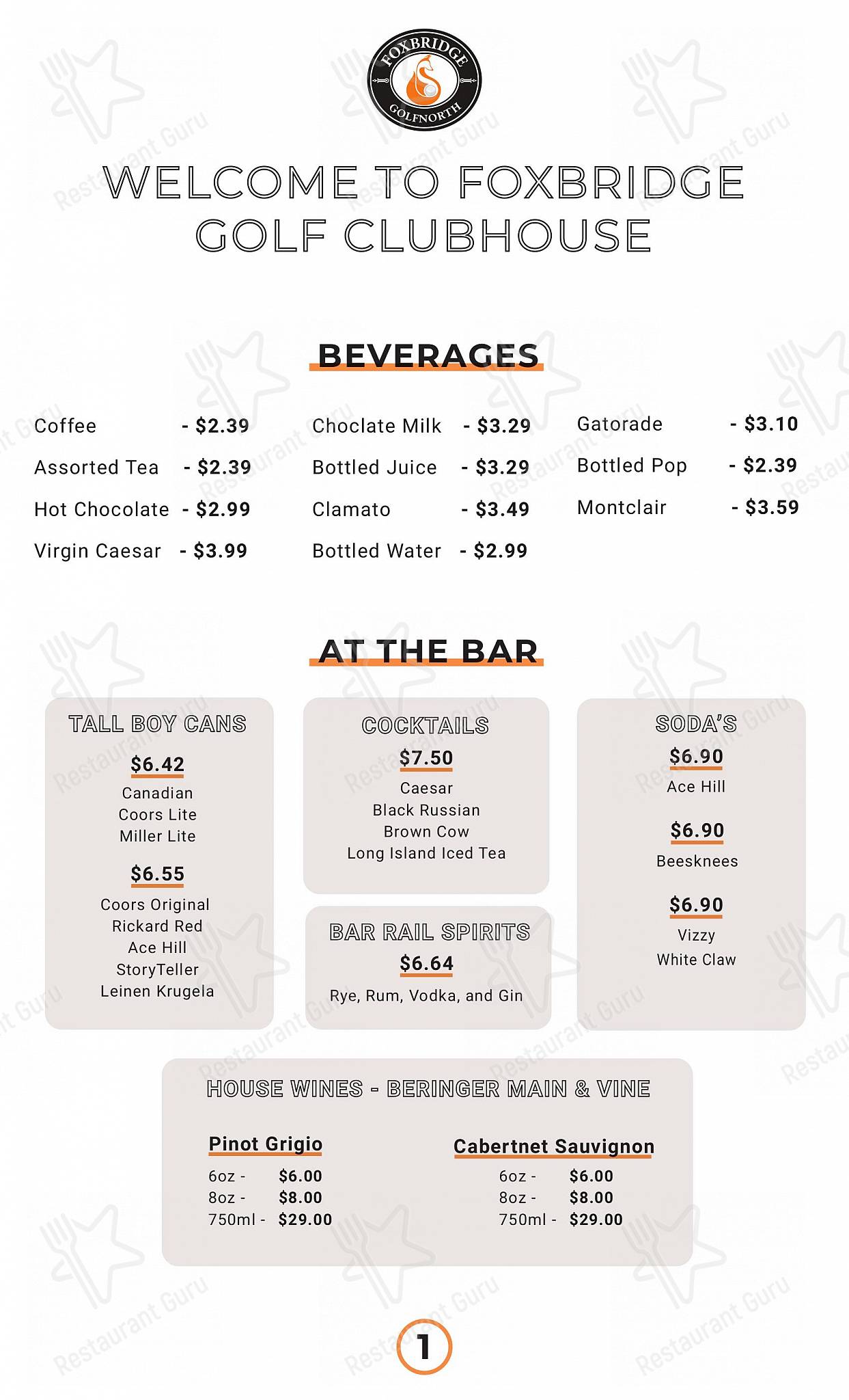 Menu at Foxbridge Golf Course & Country Club, Uxbridge