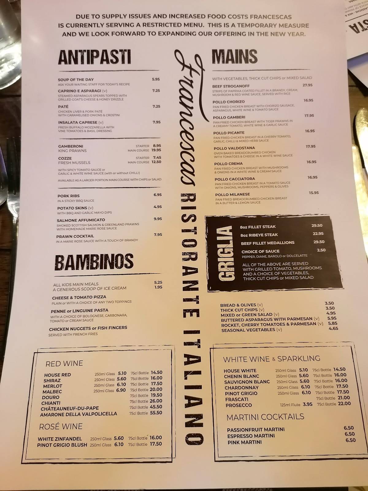 Menu at Francescas Italian Restaurant, Barrow-in-Furness