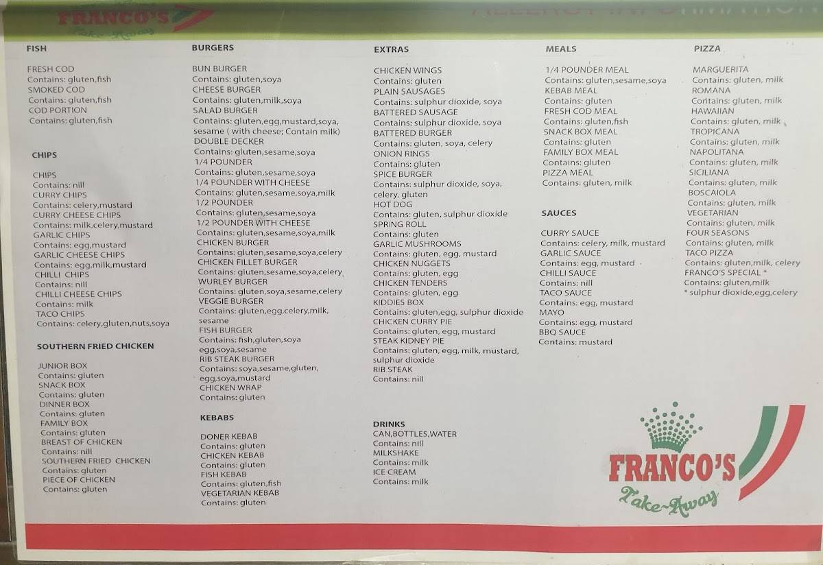 Menu at Franco's Takeaway restaurant, Castlepollard