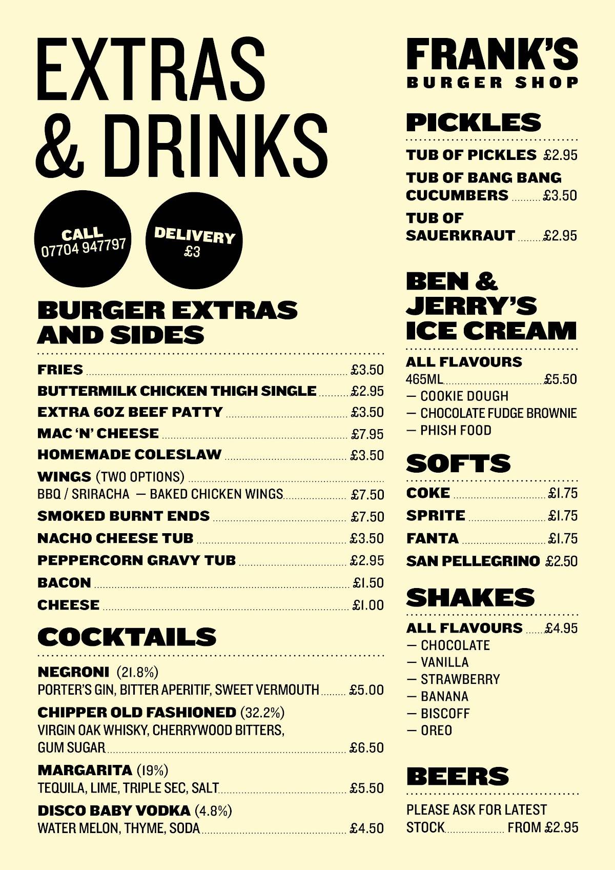 Menu at Frank's Burgers restaurant, Bury
