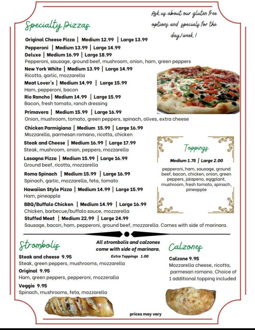 Menu at Fratello's Pizza restaurant, Trenton