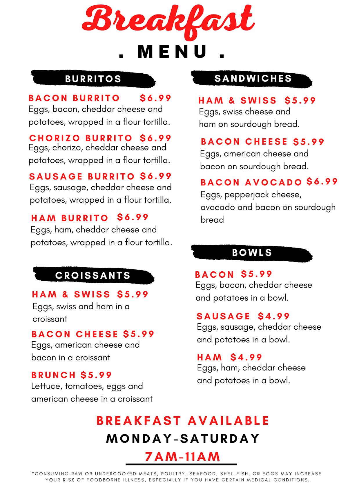 Menu at Fred's Burger restaurant, Zillah