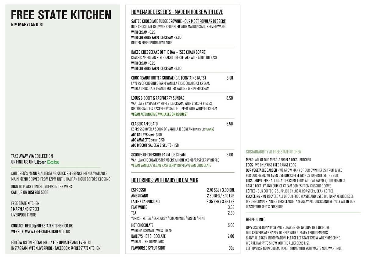 Menu at Free State Kitchen pub & bar, Liverpool