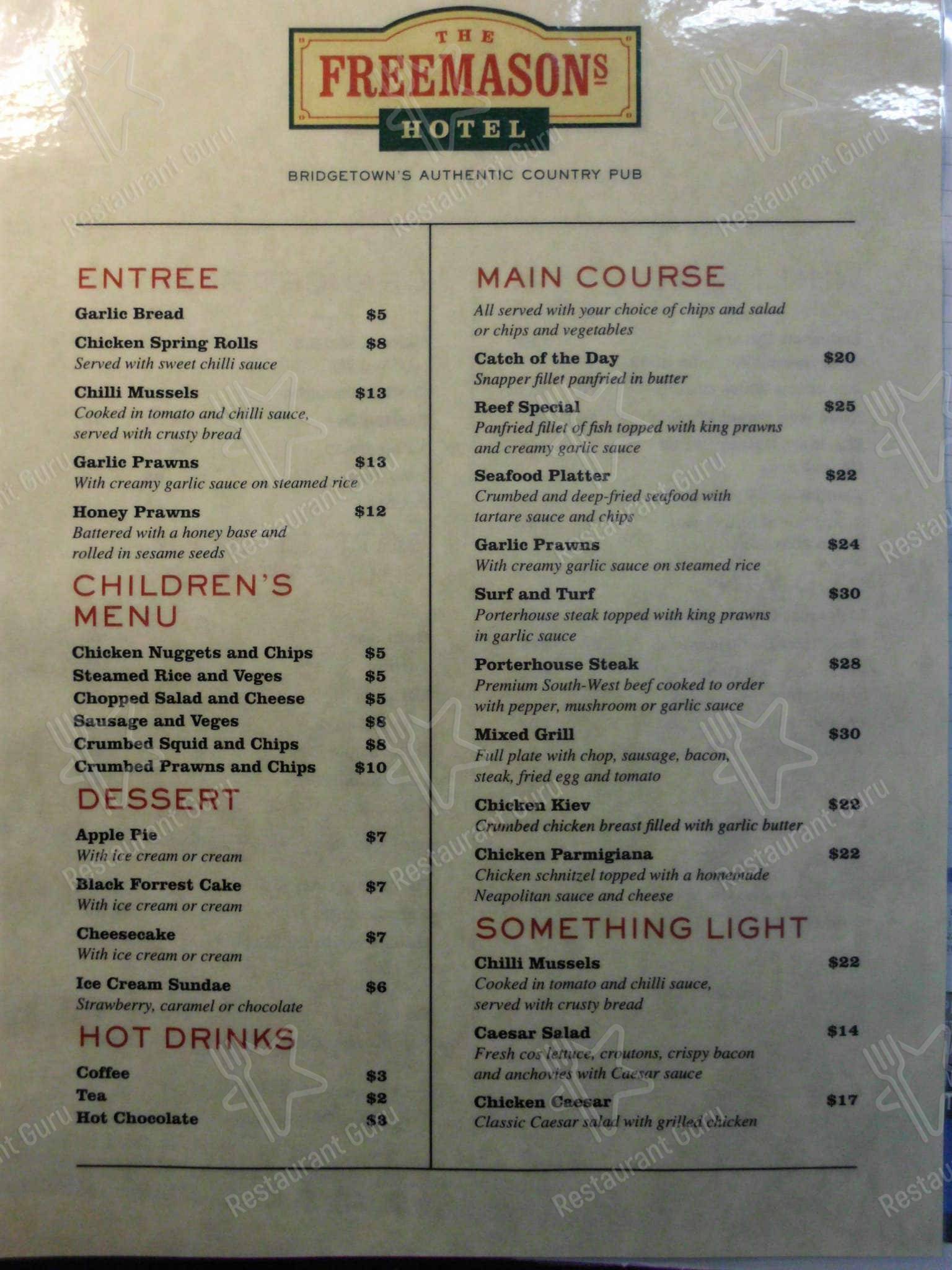 Menu at The Freemasons Hotel Bridgetown pub & bar, Bridgetown