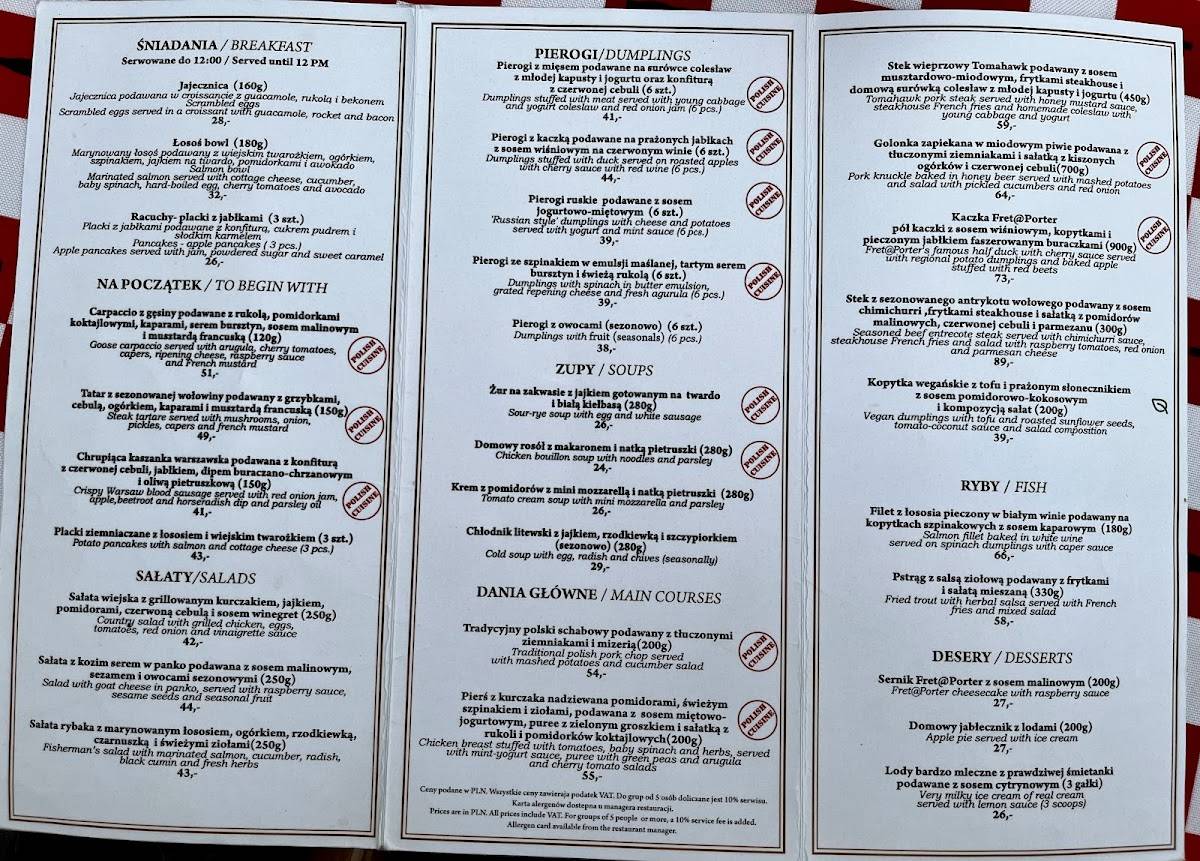 Menu at Fret@Porter restaurant, Warsaw