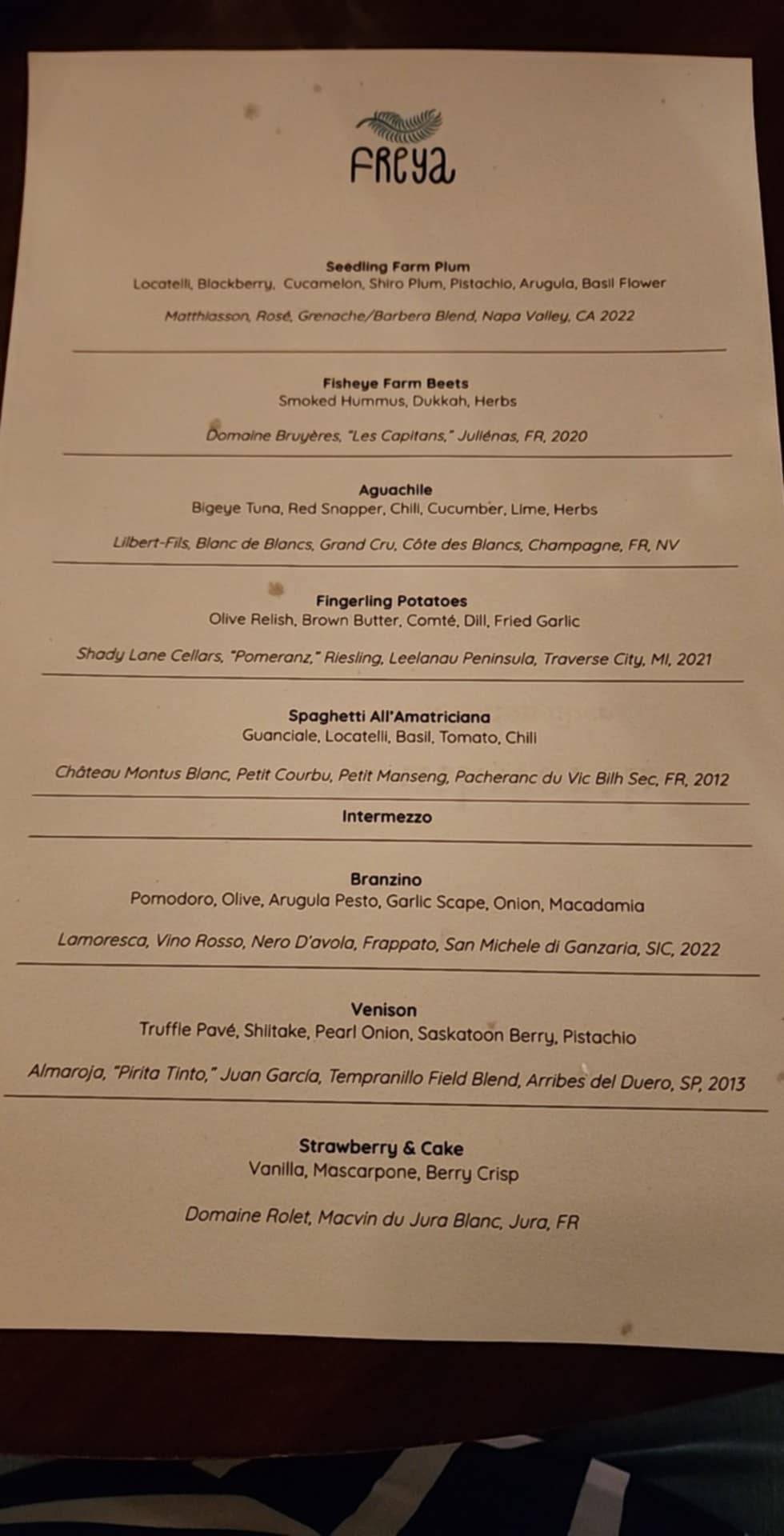 Menu at Freya restaurant, Detroit