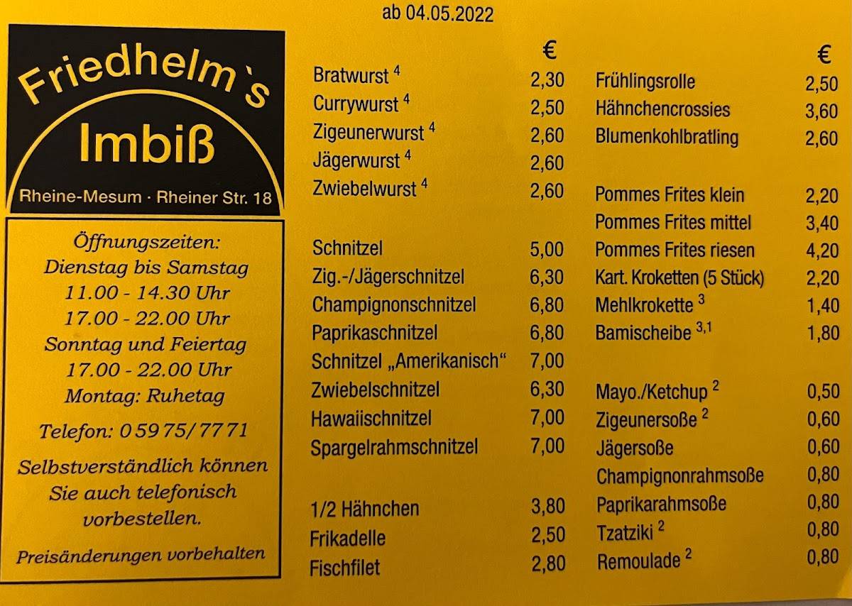 Speisekarte von Friedhelm's Schnellimbiß fast Food, Rheine, Alte ...