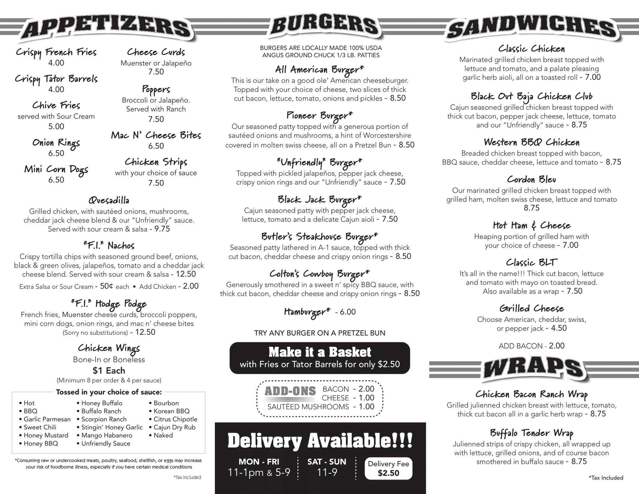 Menu at Friendly Inn pub & bar, Monroe