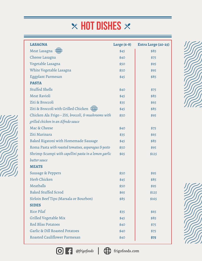 Menu at Frigo Foods restaurant, East Longmeadow