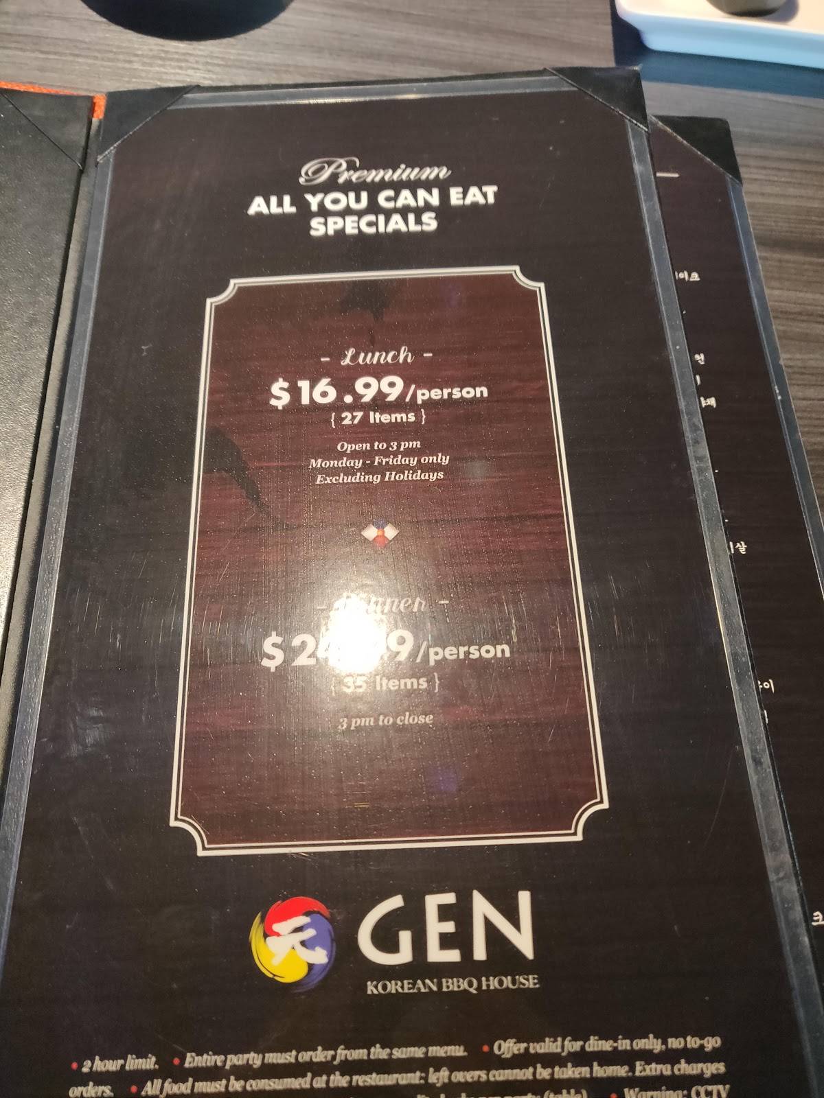 Menu at Gen Korean BBQ House, Frisco
