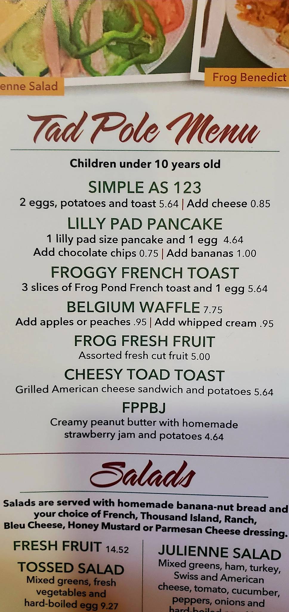 Menu at Frog Pond restaurant, North Redington Beach