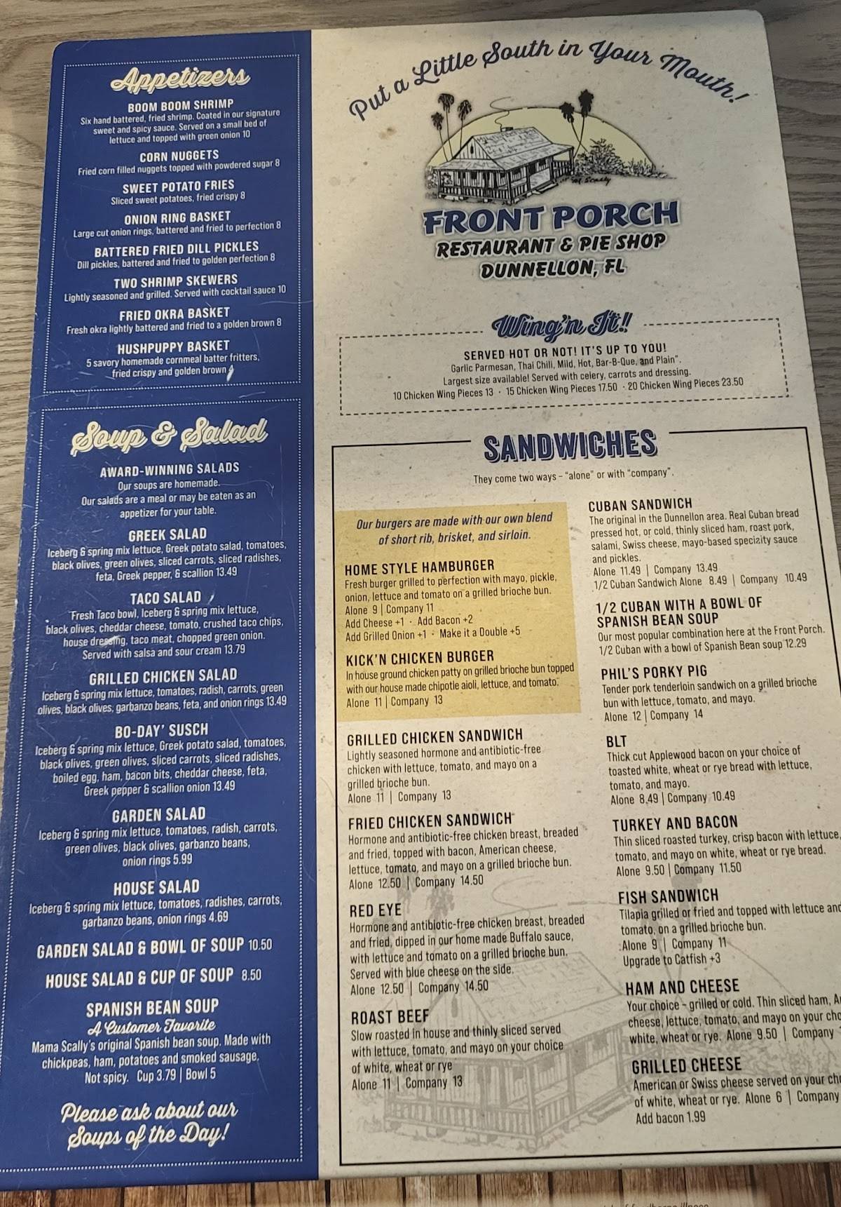 Menu at Front Porch Restaurant, Dunnellon, N Florida Ave