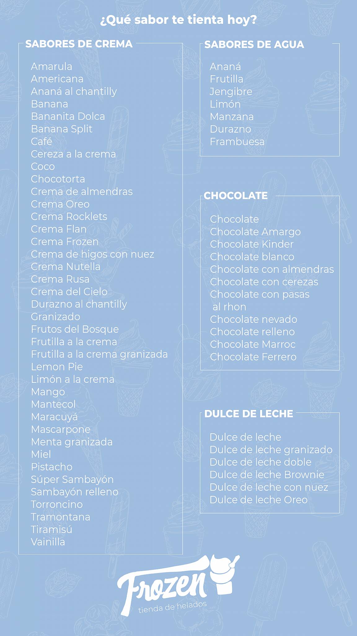 Carta de Frozen Tienda de Helados, San Miguel del Monte