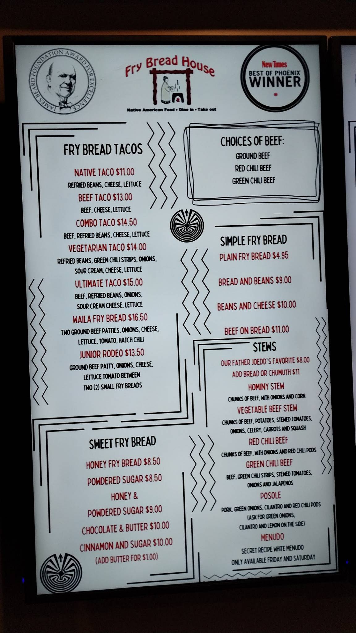 Menu at Fry Bread House restaurant, Phoenix, N 7th Ave