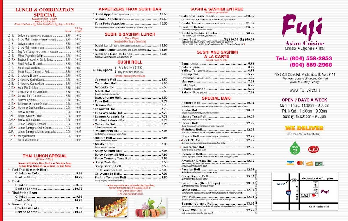 Menu at Fuji Asian Cuisine restaurant, Mechanicsville, Bell Creek Rd