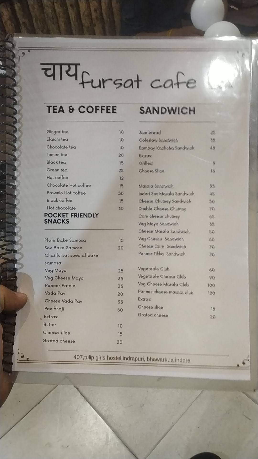 Menu at Fursat Chai Cafe, Indore, Sanskruti Girls Hostel