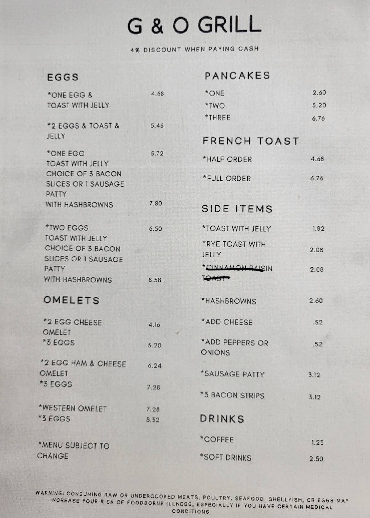Menu at G & O Grill restaurant, Paducah