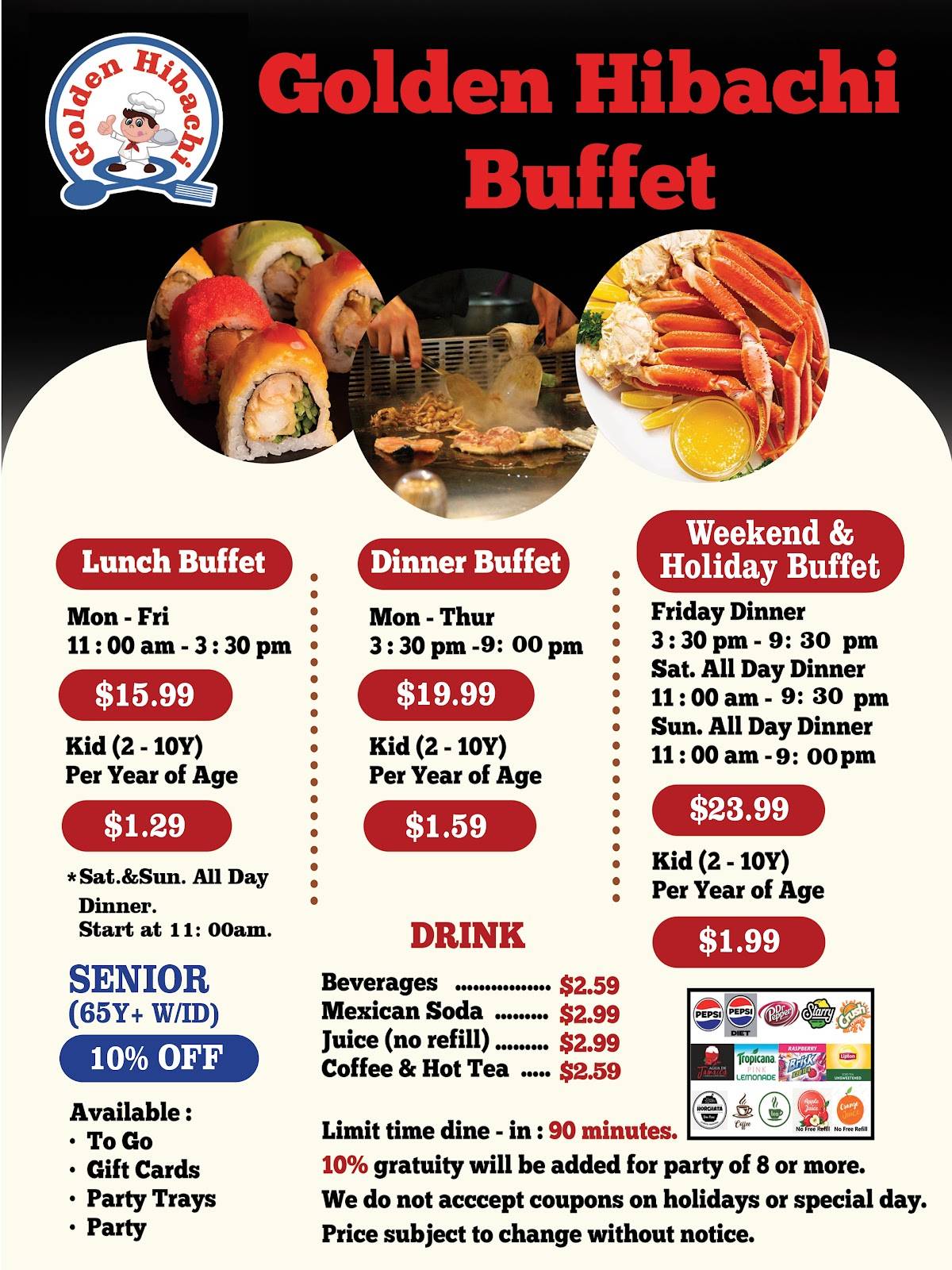Menu at GOLDEN HIBACHI BUFFET restaurant, Hemet