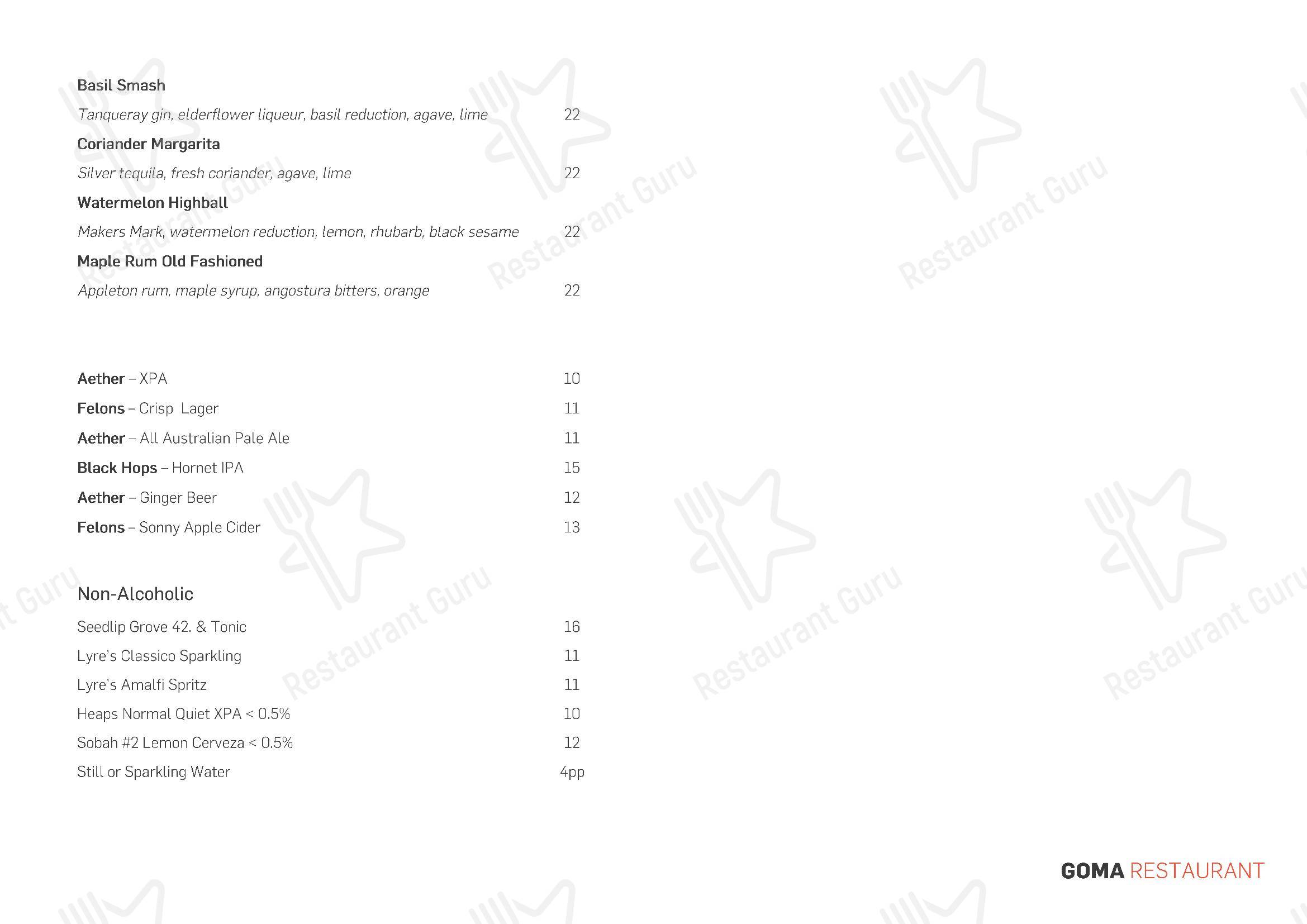 Menu at GOMA Restaurant, South Brisbane