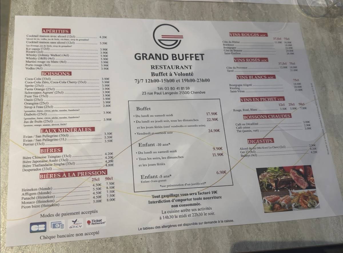 Menu au GRAND BUFFET restaurant, Chenôve
