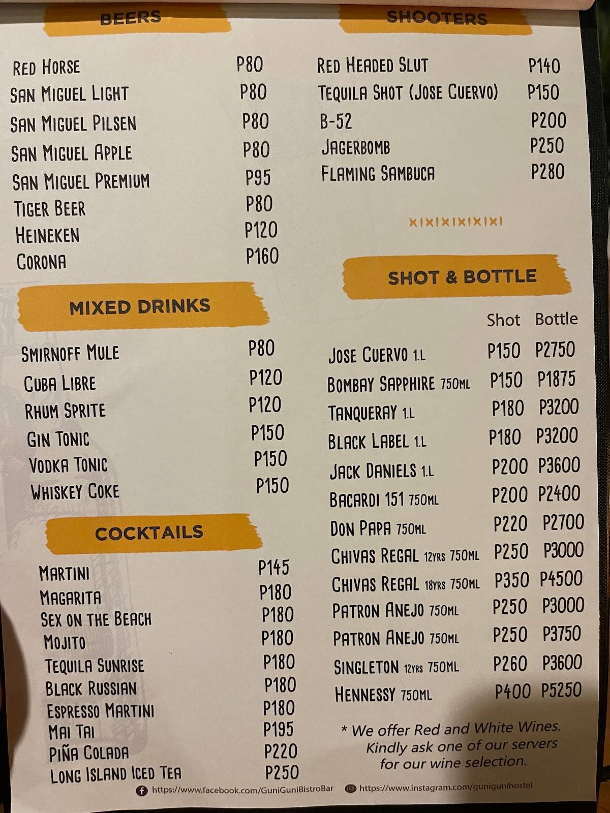 Menu at GUNI GUNI BISTRO restaurant, Puerto Princesa, 263 Manalo St