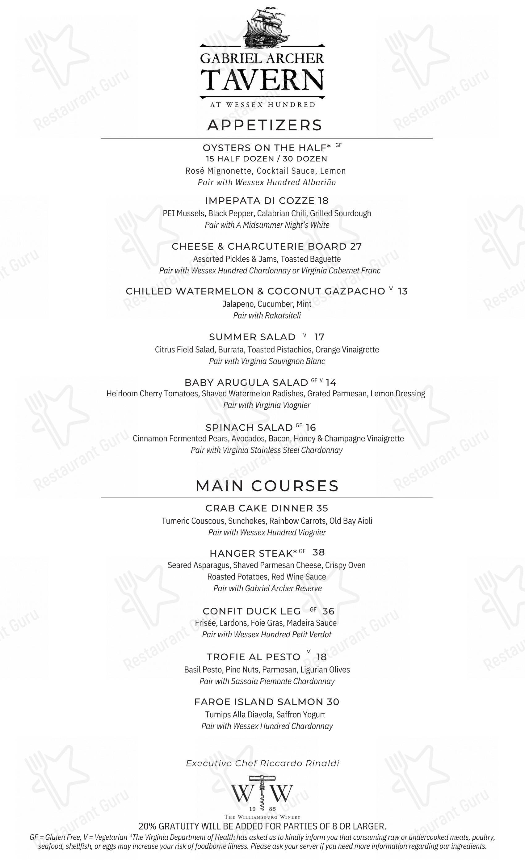 Menu at Gabriel Archer Tavern at The Williamsburg Winery restaurant ...