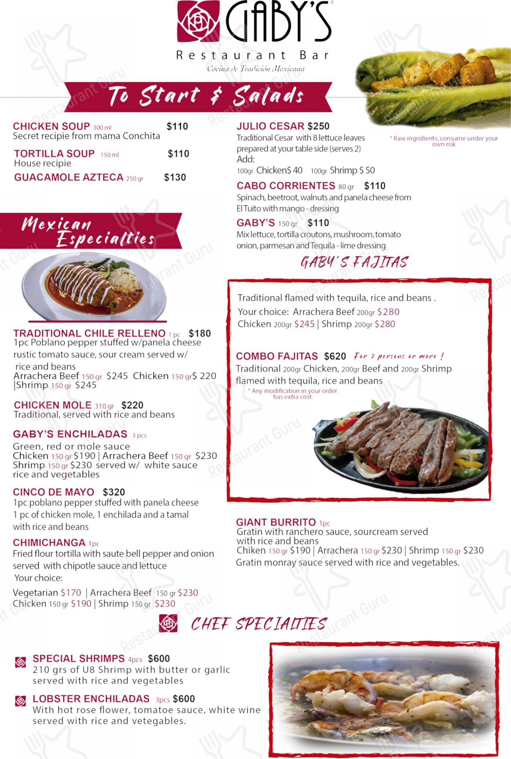 Menu at Gaby's Restaurant, Puerto Vallarta, Calle Mina 252