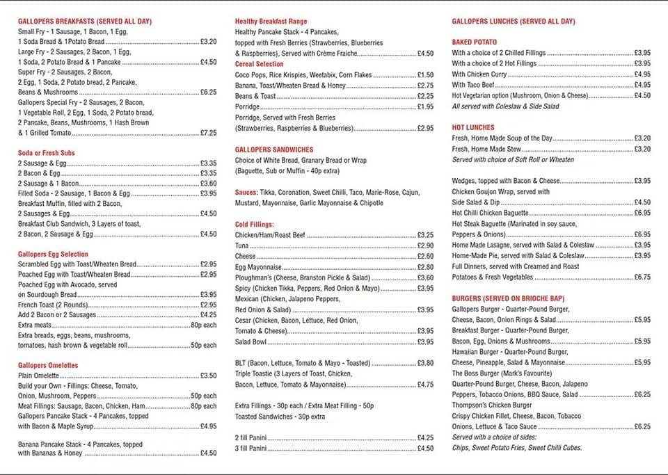 Menu at Gallopers fast food, Belfast