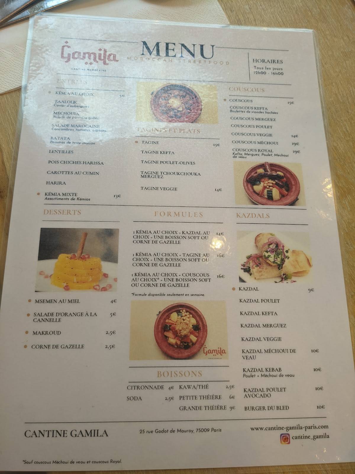 Menu au Gamila Cantine Marocaine restaurant, Paris, 25 Rue Godot de Mauroy