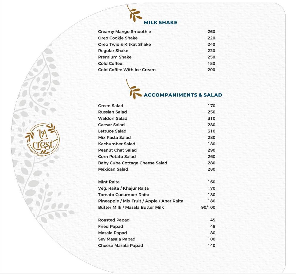 Menu at La Crest Restaurant & Banquet, Gandhinagar