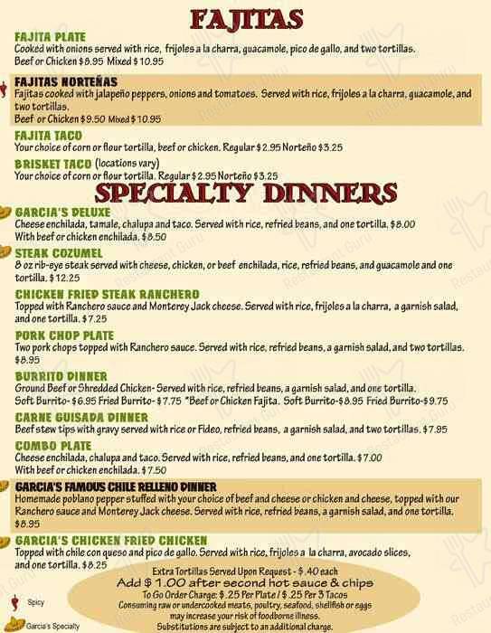 Menu at Garcia's Mexican Restaurant, Kyle