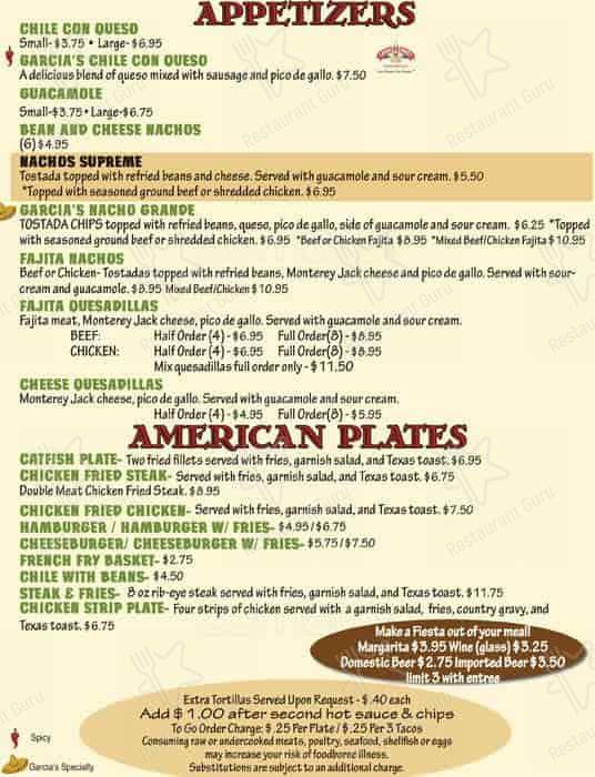 Menu at Garcia's Mexican Restaurant, Kyle