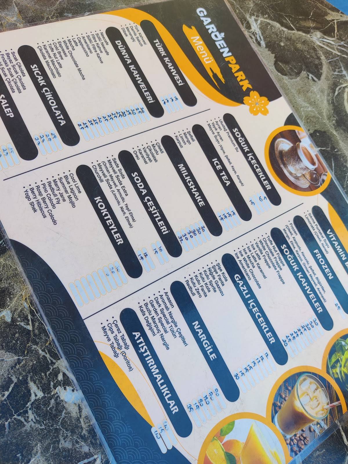Menu at GardenPark cafe, Akşehir
