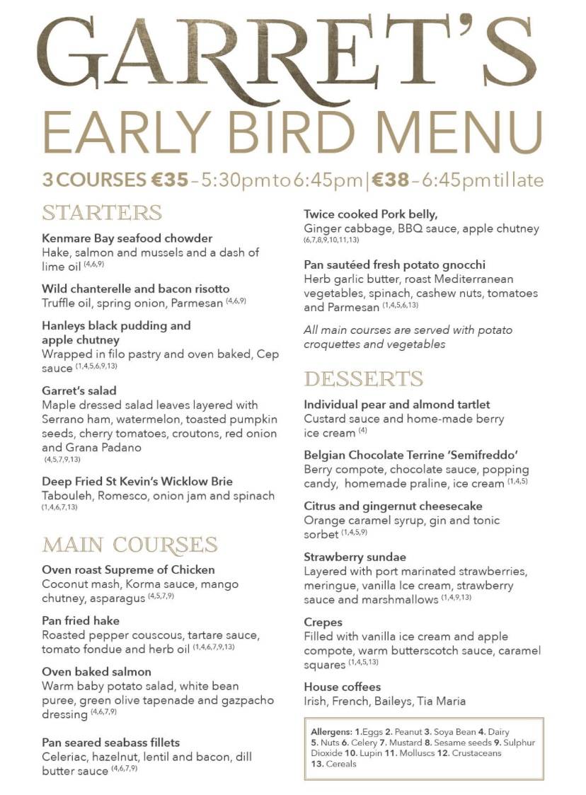 Menu at Garret’s restaurant, Killarney