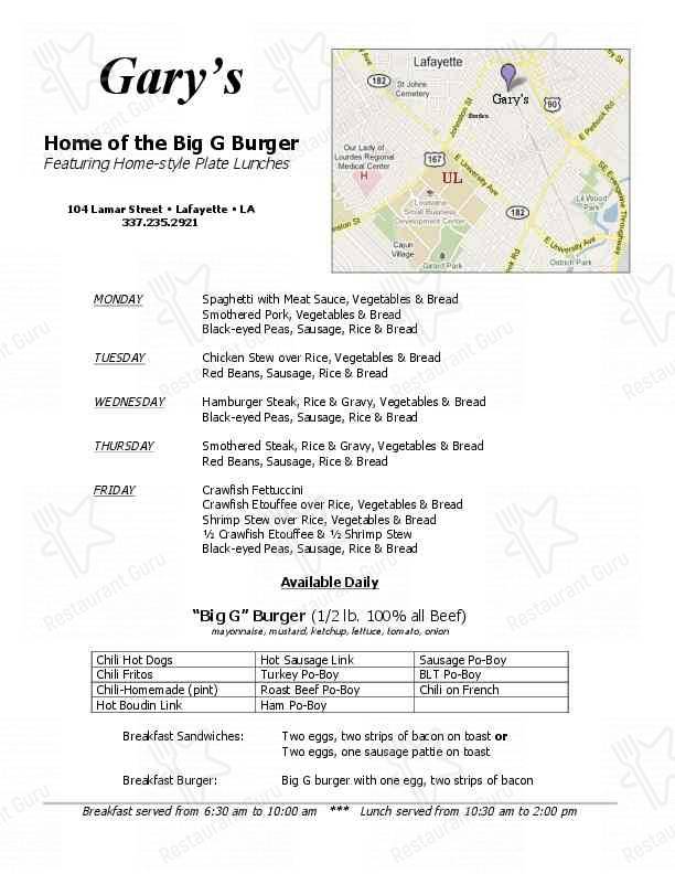 Menu at Gary's- Breakfast-Burgers & Plate Lunches restaurant, Lafayette