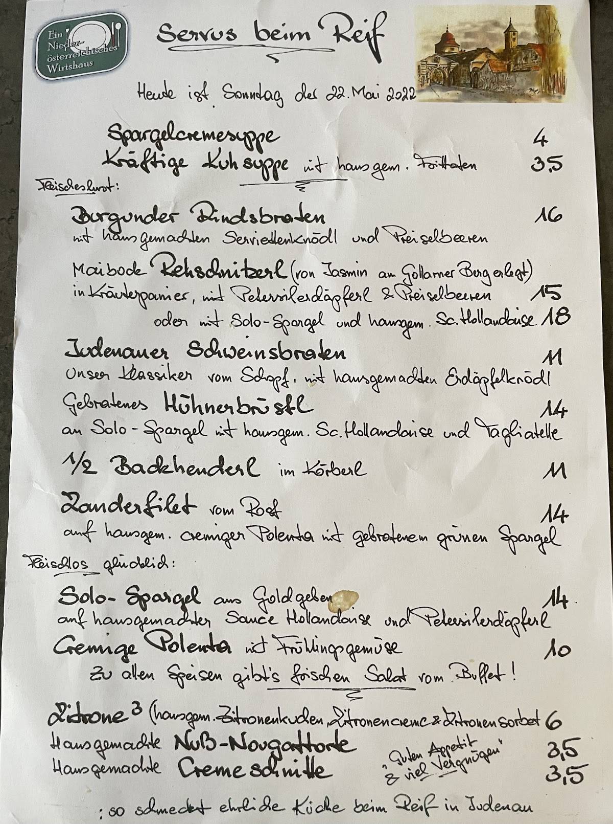 Menu at Gasthaus Reif in Judenau restaurant, Judenau