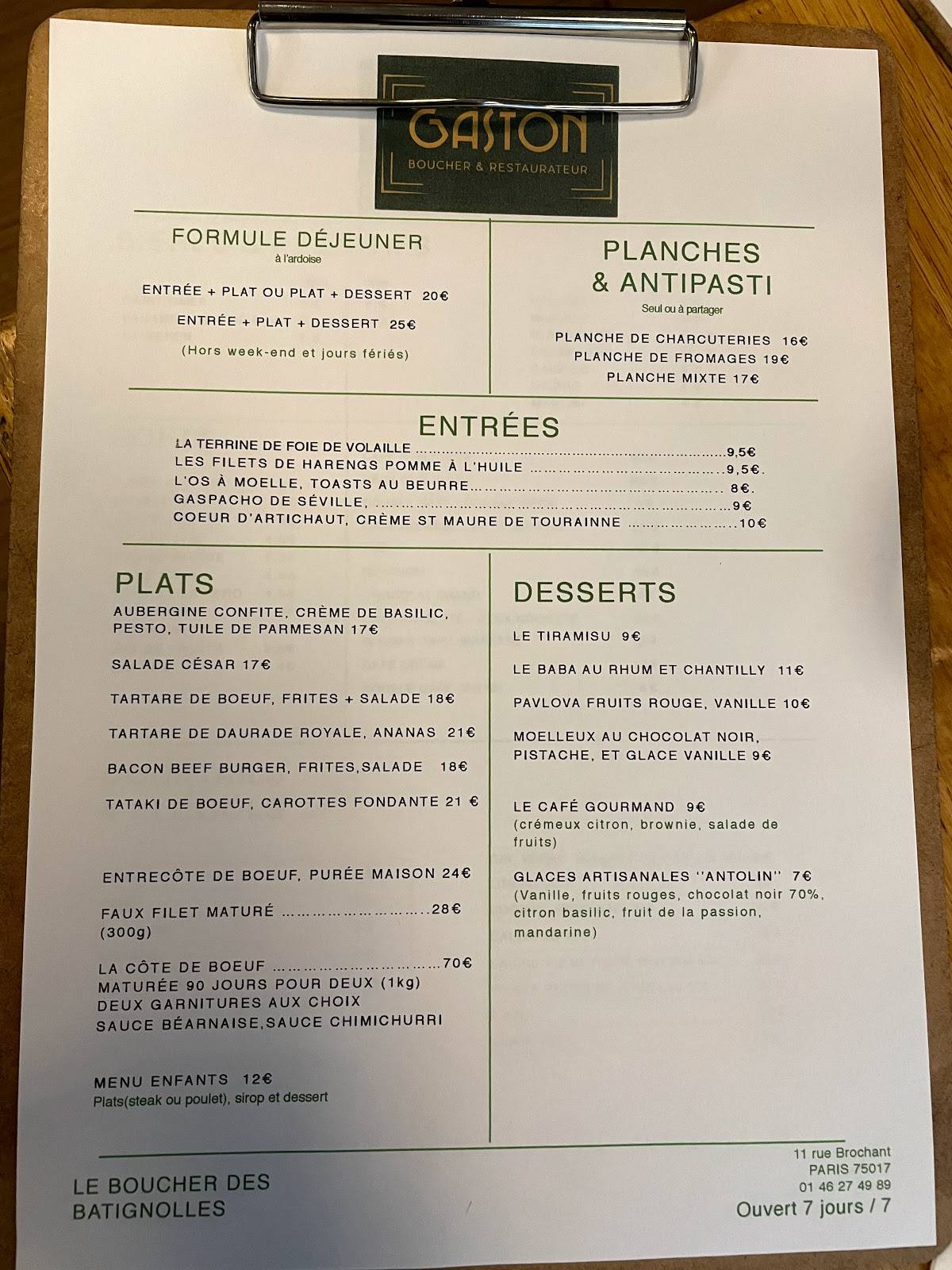 Menu au Gaston restaurant, Paris, 11 Rue Brochant