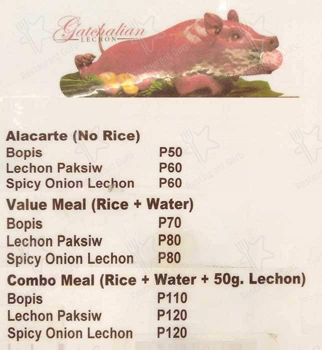 Menu at Gatchalian Lechon restaurant, Mandaluyong