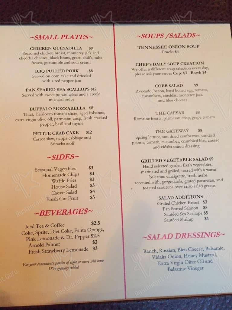 Menu at Gateway Grille restaurant, Nashville, Conference Center Boulevard