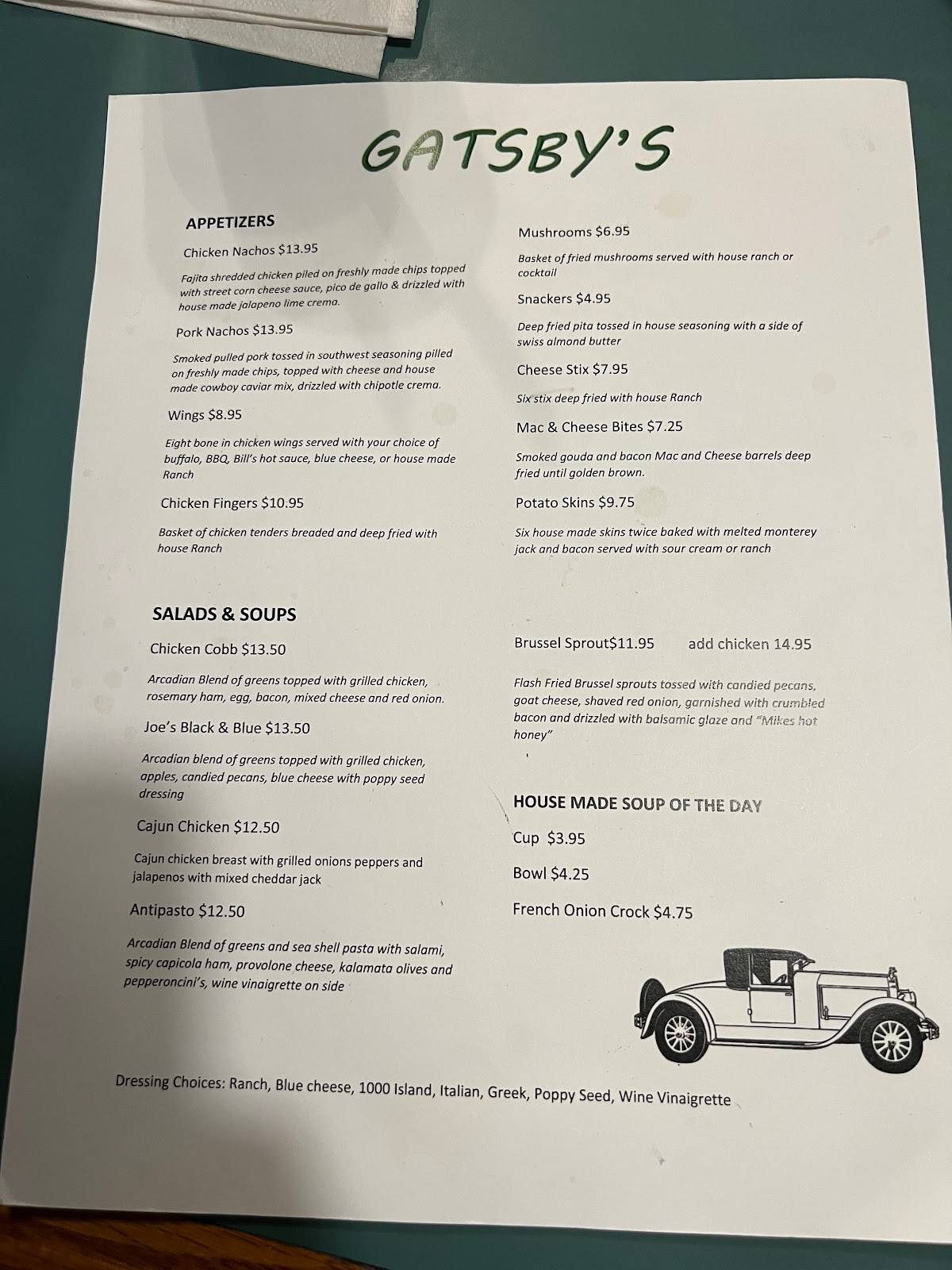 Menu at Gatsby's pub & bar, Novi