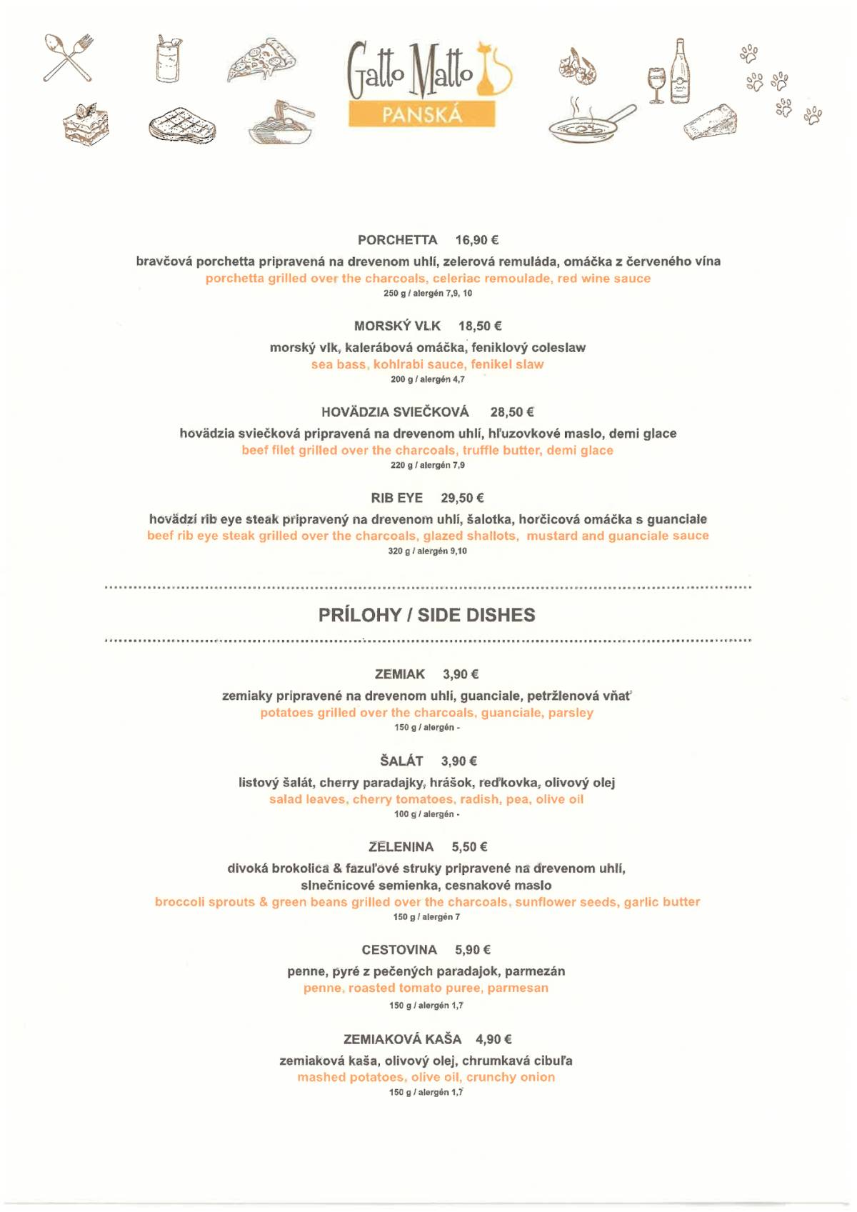 Menu at Gatto Matto Panská restaurant, Bratislava